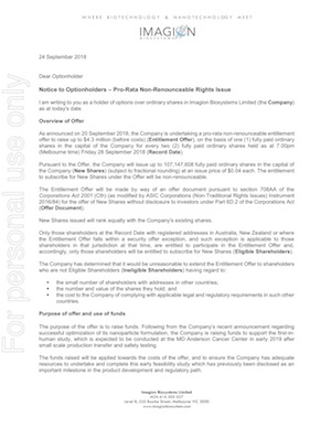 Letter to Option Holders — Rights Issue | Imagion Biosystems