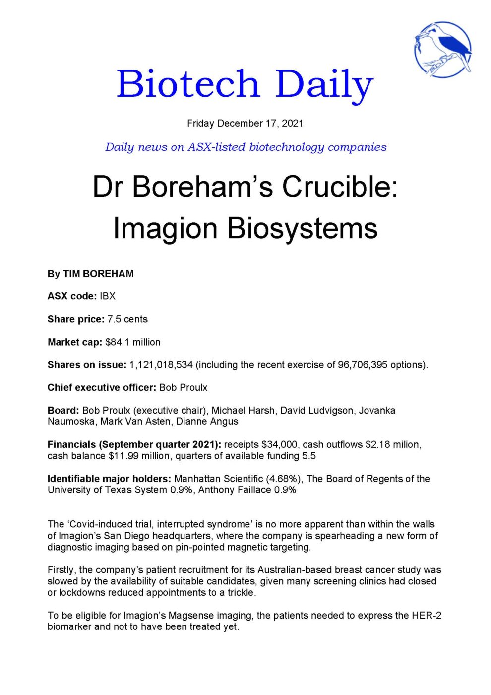 Biotech Daily — Dr Boreham's Crucible: Imagion Biosystems | Imagion Biosystems
