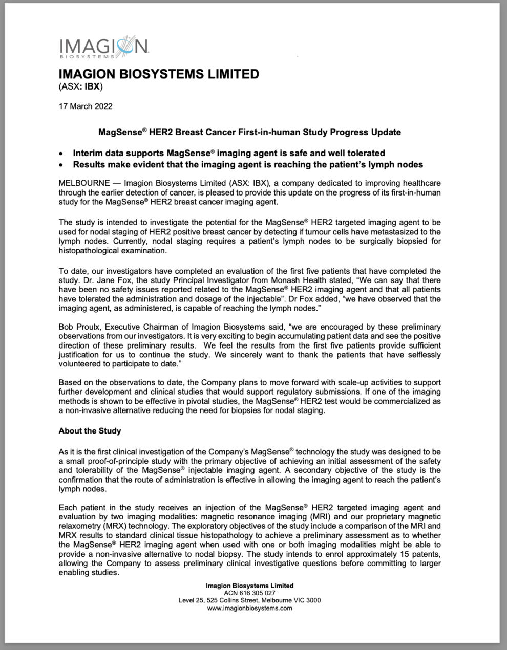 MagSense® HER2 Breast Cancer First-in-human Study Progress Update ...